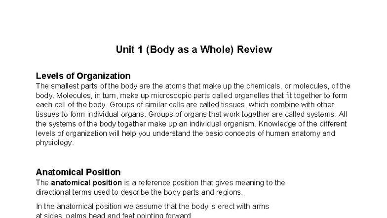 Anatomy & Physiology Unit 1 Review: Body Organization & Structure - Studocu