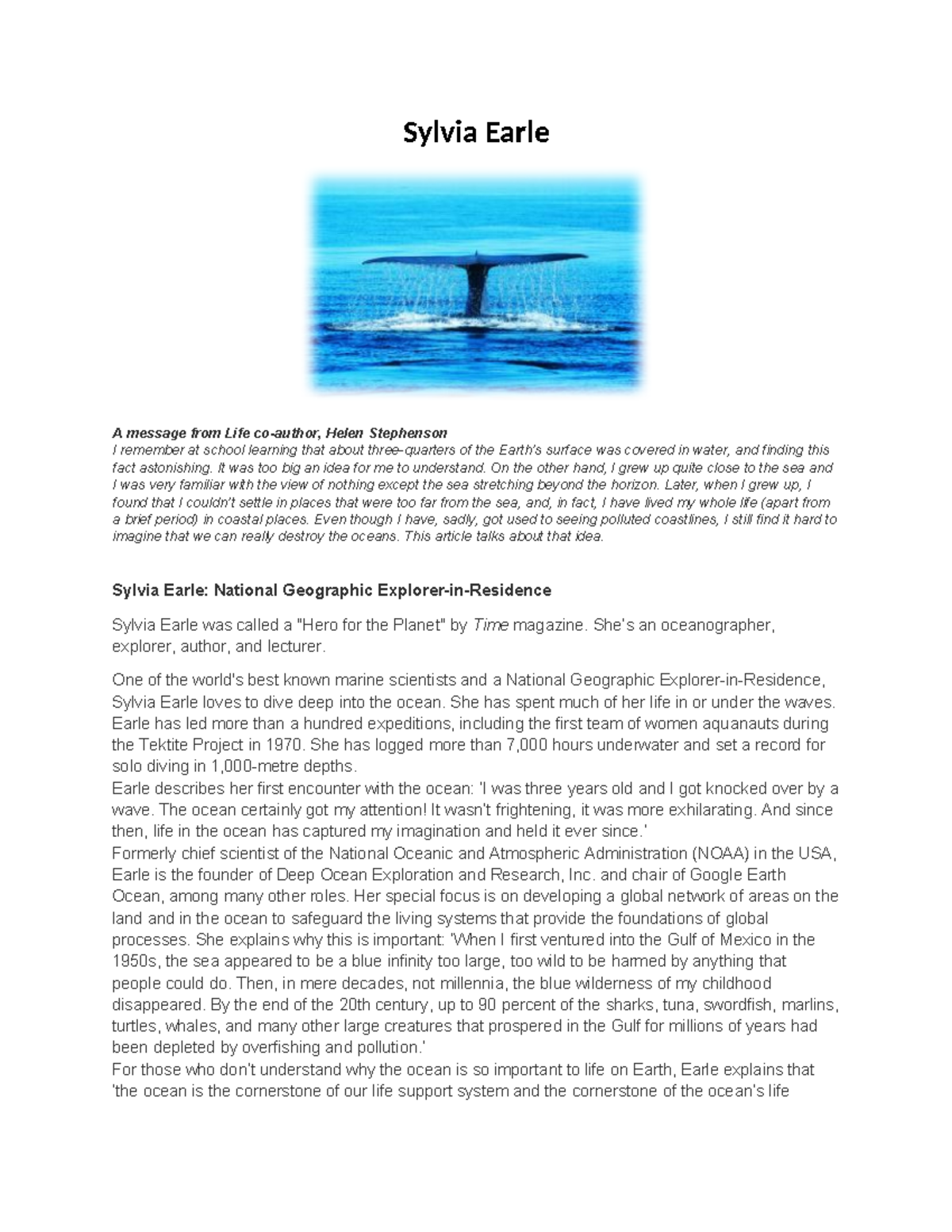 Reading 3 - Sylvia Earle: Ocean Conservation Insights and Impact - Studocu