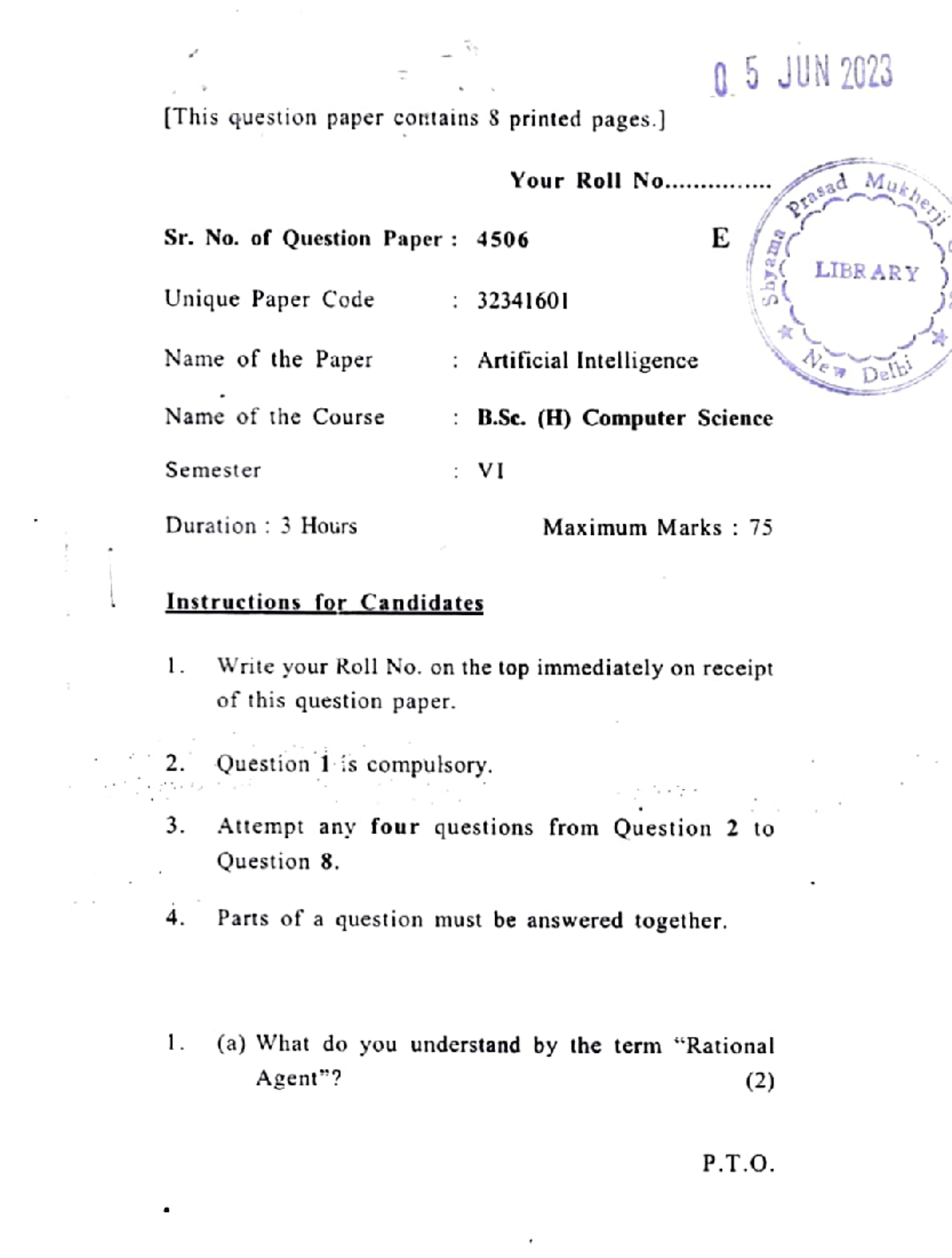 AI PYQ 2023: B.Sc. (H) Computer Science VI - Question Paper 4506 - Studocu