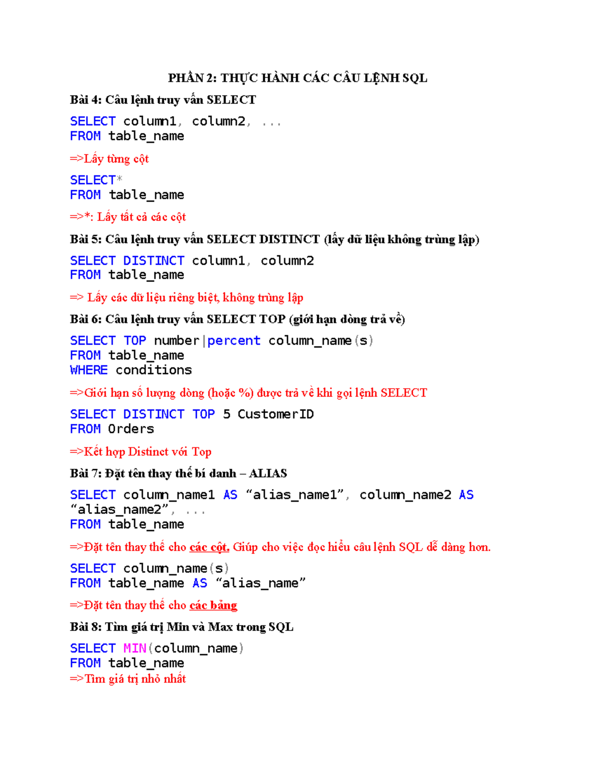 THỰC HÀNH CÁC CÂU LỆNH SQL - Bài 4 đến Bài 8 - Studocu