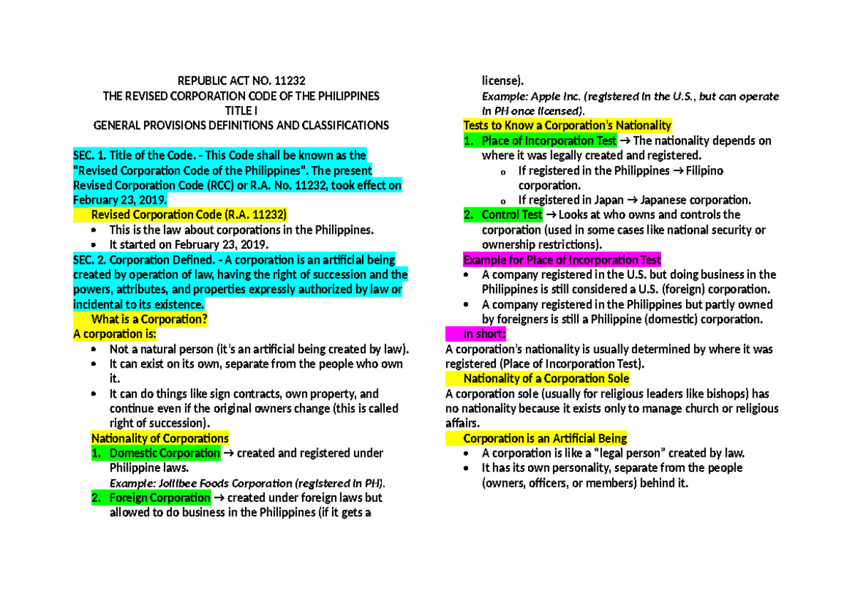 Busslaw 11232 - Summary of Revised Corporation Code Provisions - Studocu