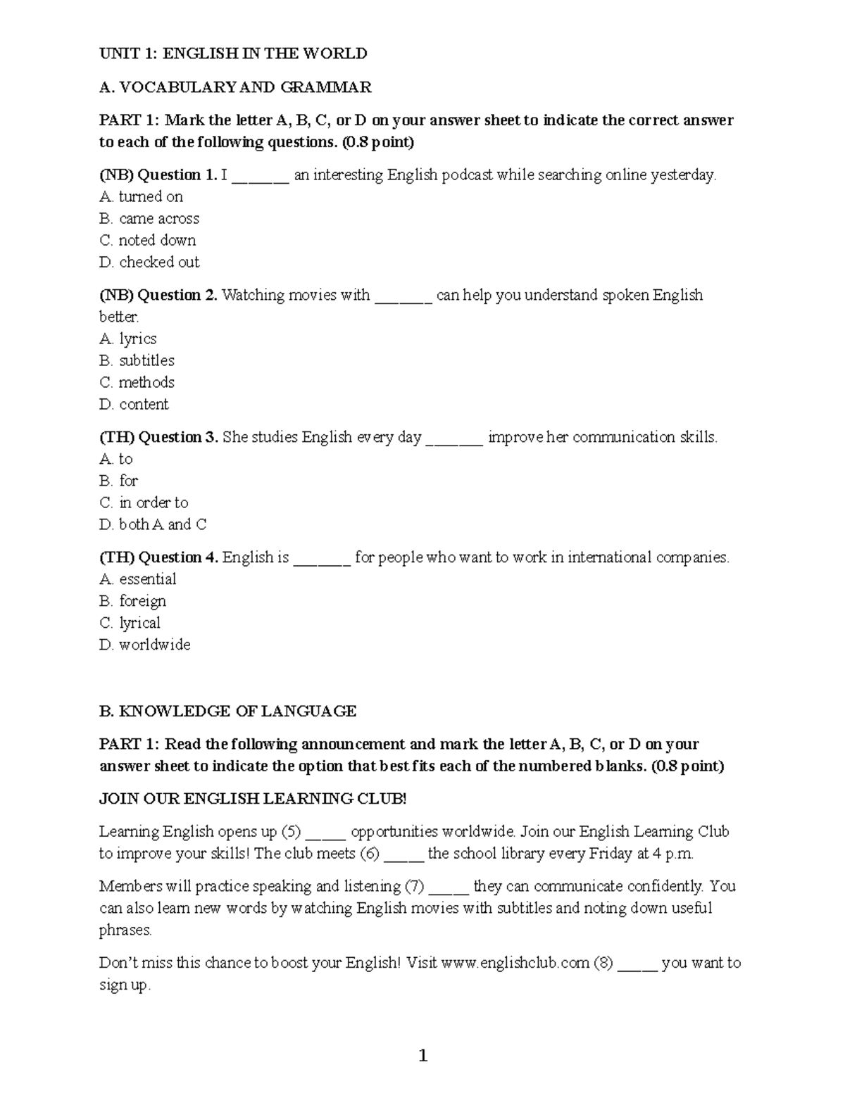 UNIT 1: ENGLISH IN THE WORLD - Vocabulary & Grammar Practice - Studocu