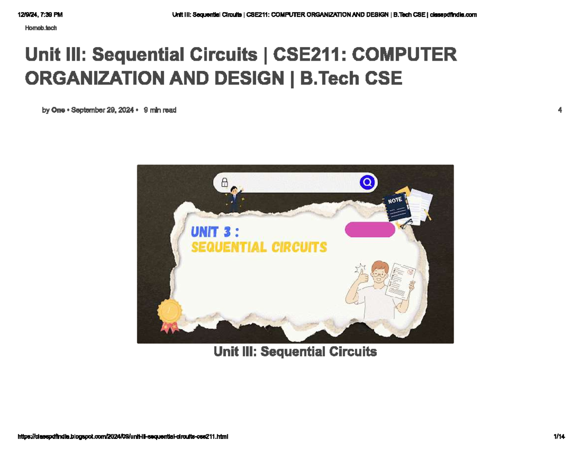 UNIT 3 - latest material - Homeb Unit Sequential Circuits I CSE211 ...