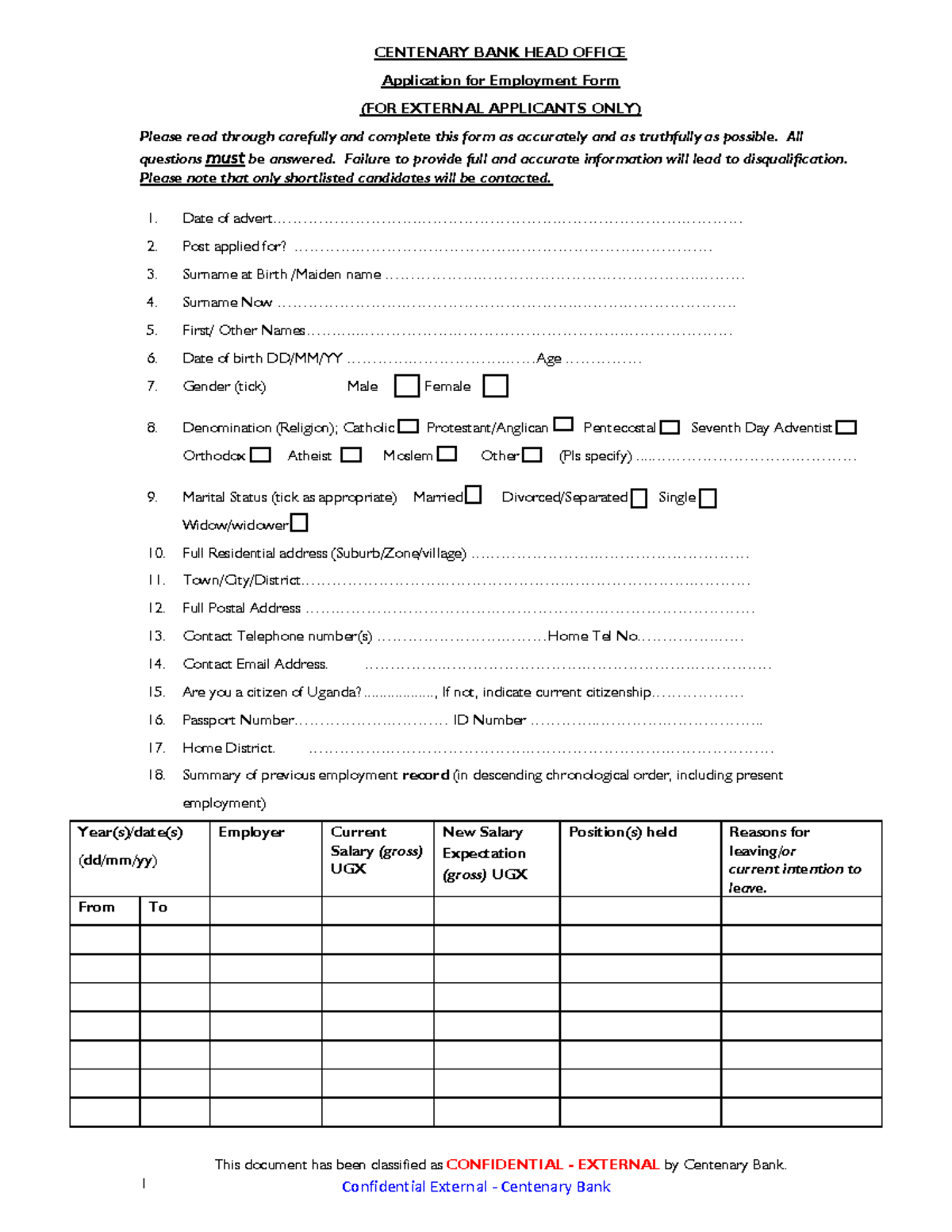 Centenary Bank Employment Application Form (External Applicants Only ...