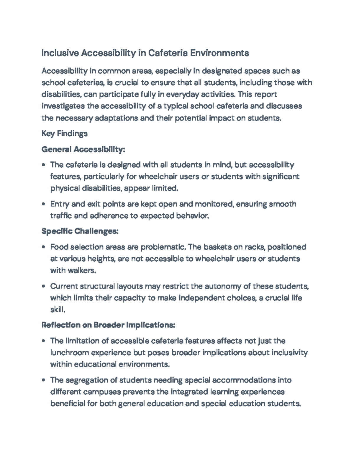 Inclusive Accessibility in Cafeteria Environments: Enhancing Student ...
