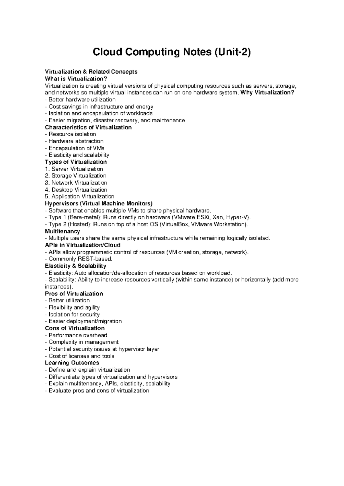 Cloud Computing Unit 2 Notes: Virtualization Concepts & Types - Studocu