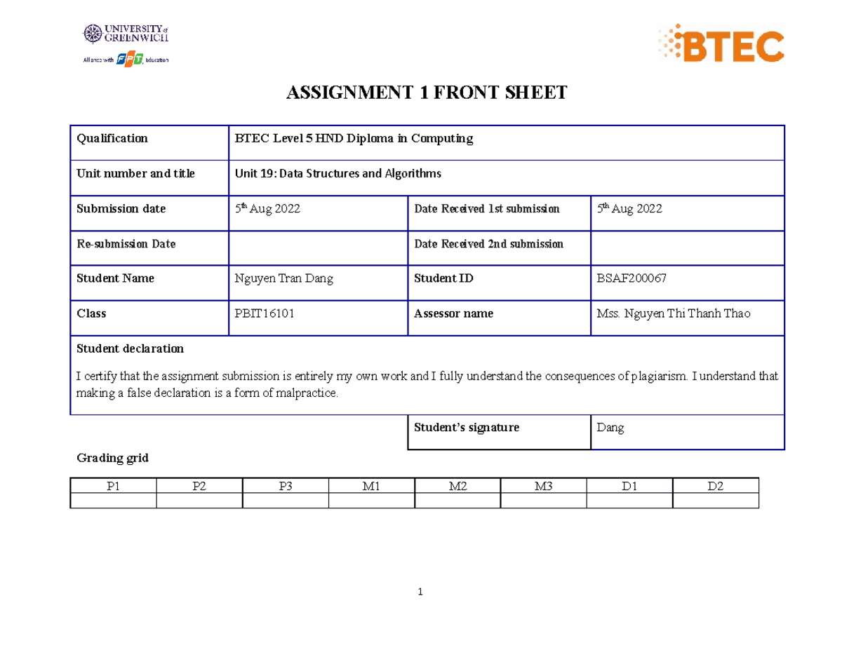 ASM1 DSA Nguyen Tran Dang - ASSIGNMENT 1 FRONT SHEET Qualification BTEC Level 5 HND Diploma in ...
