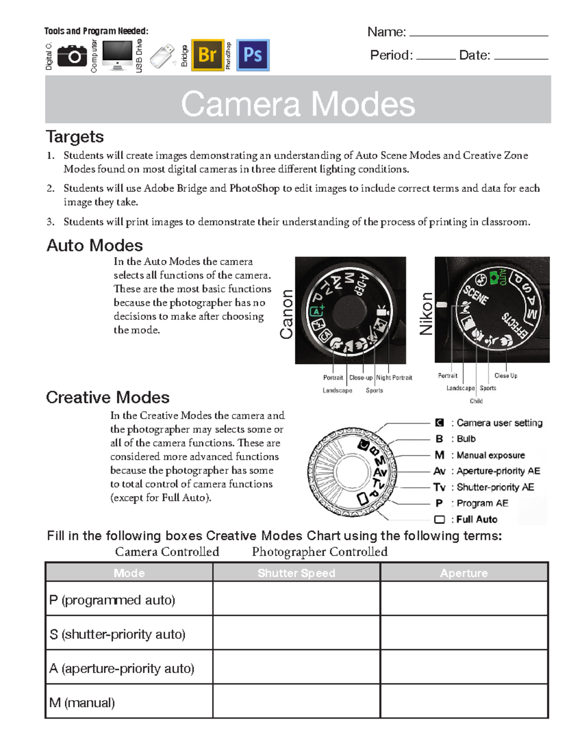 Camera Modes and Techniques Worksheets for Photography Class - Studocu