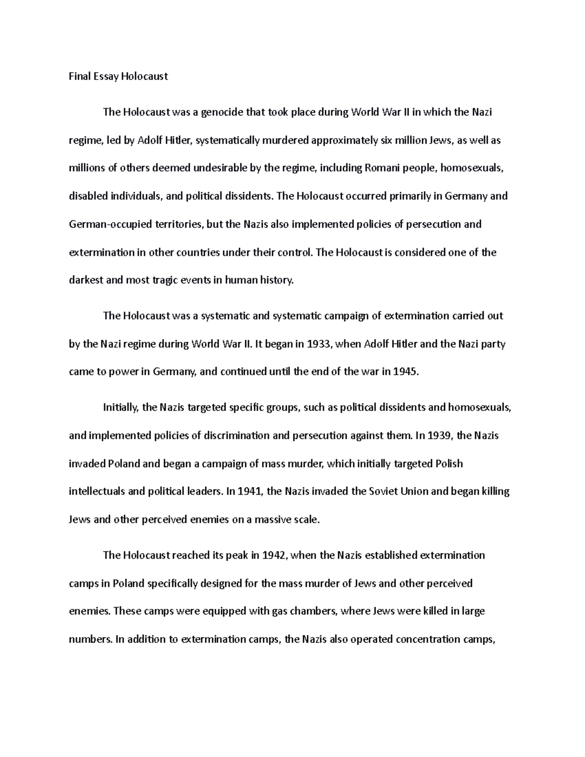 Holocaust Final Essay: Understanding the Genocide of WWII - Studocu