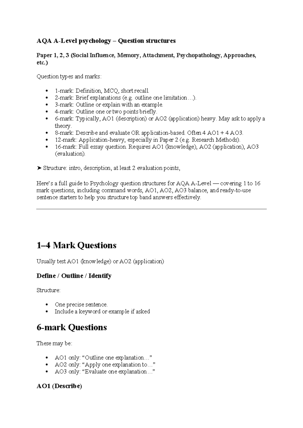 AQA Psychology Paper 1, 2, 3: Question Structures & Marking Guide - Studocu