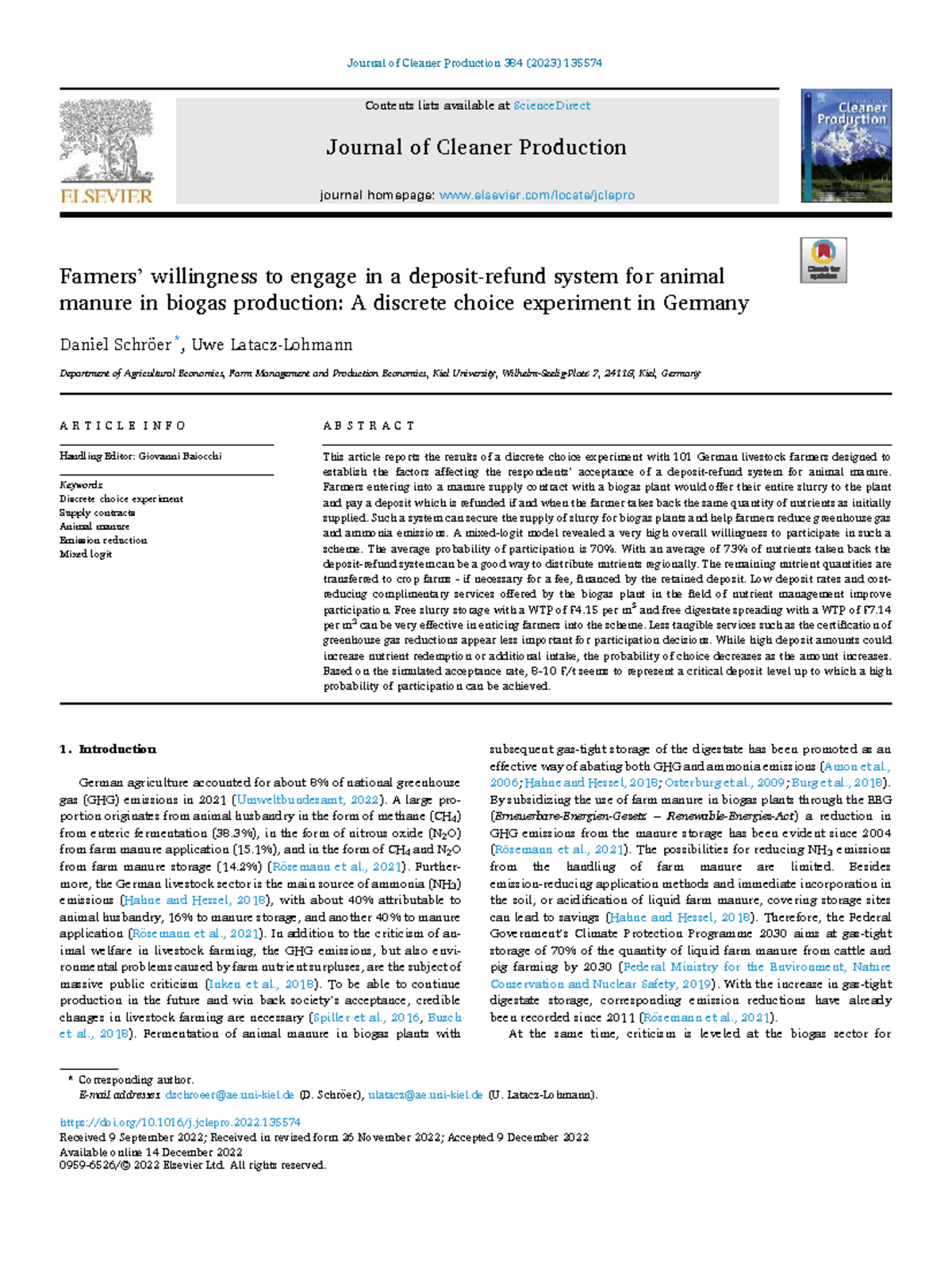 Willingness to Engage in Manure Supply Contracts for Biogas: A DCE ...