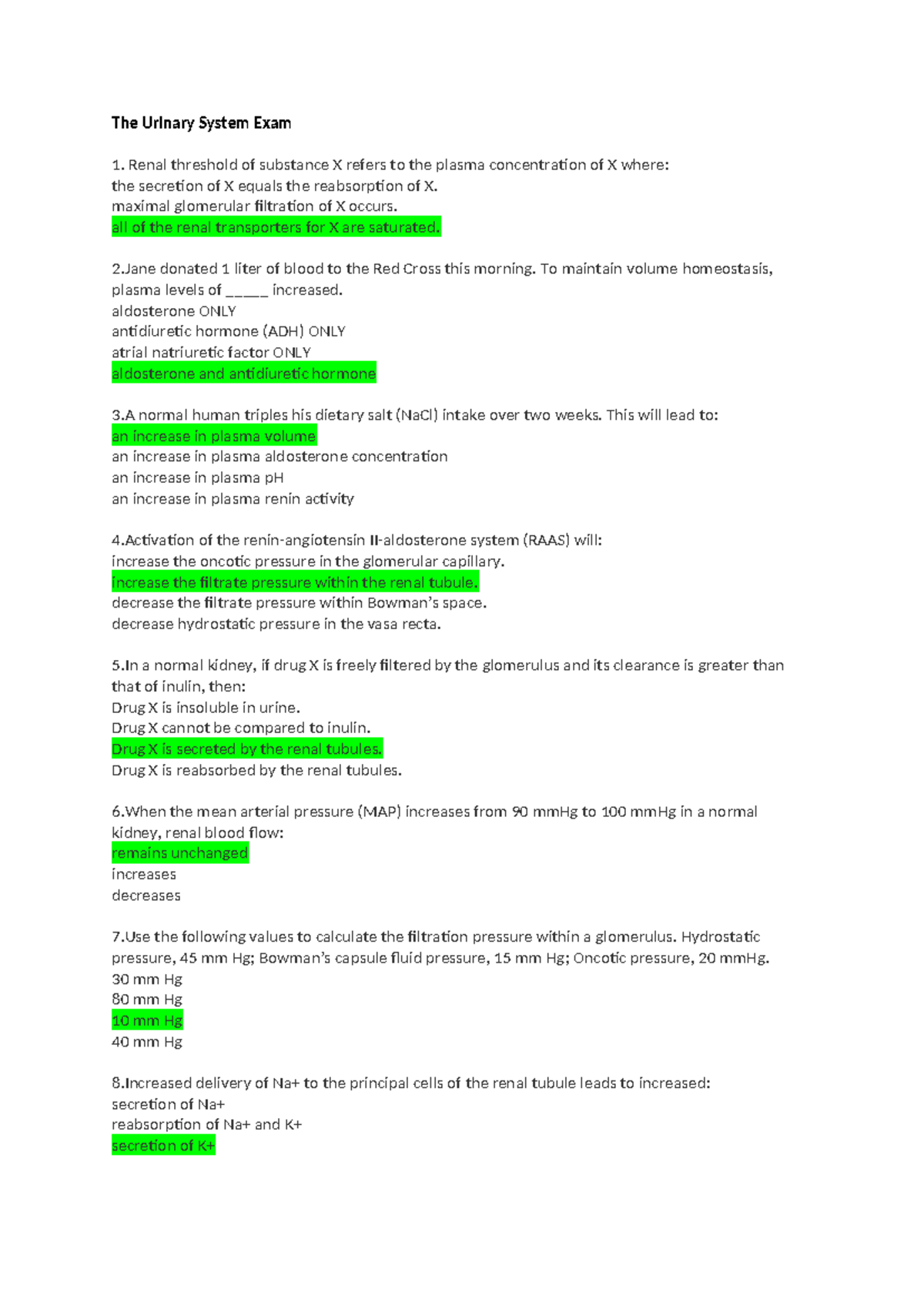Human Physiology Wk 10 Final Exam: The Urinary System Review - Studocu