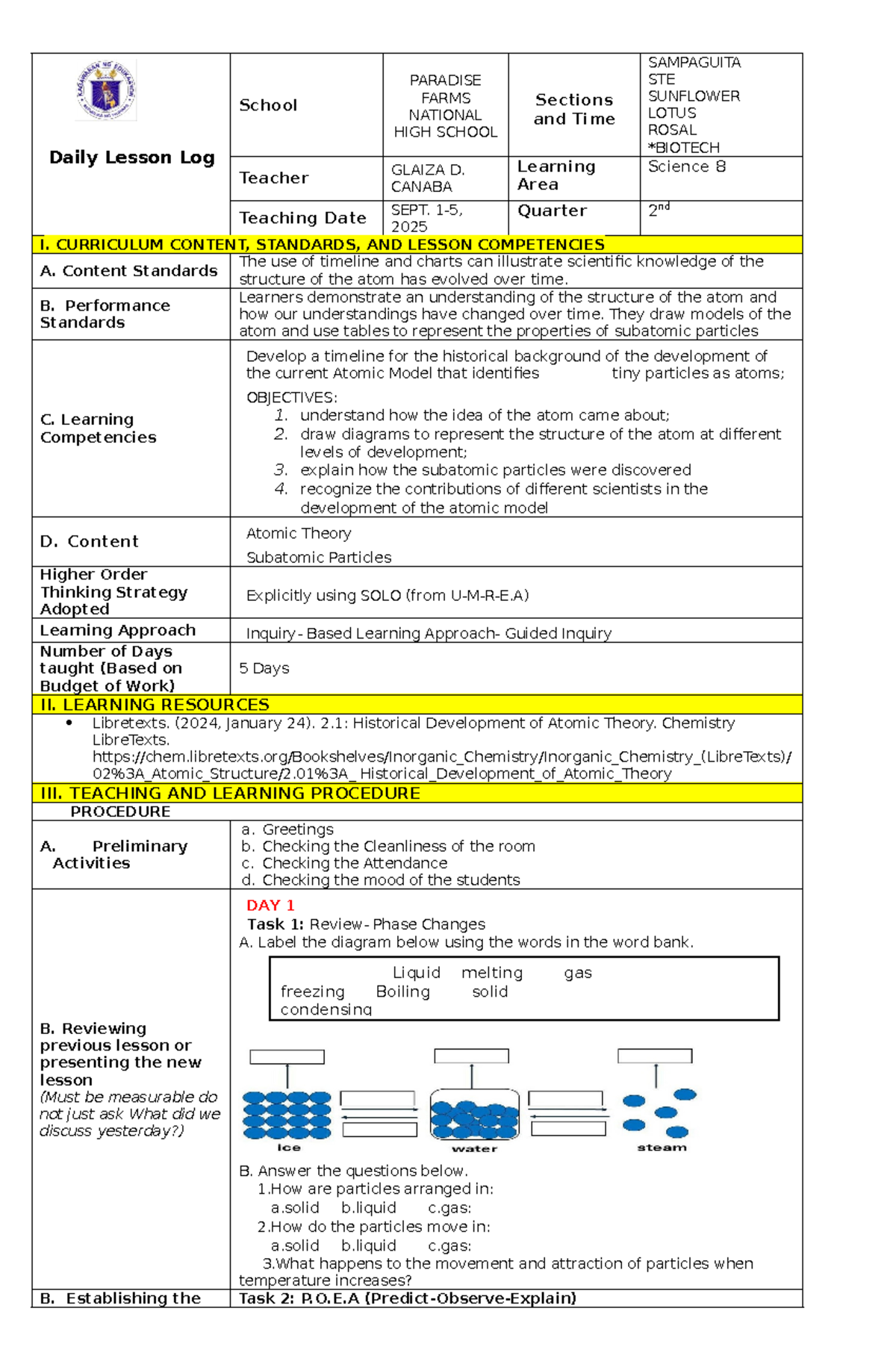 Science 8 Daily Lesson Log (DLL) Q2 Week 1: Atomic Structure - Studocu
