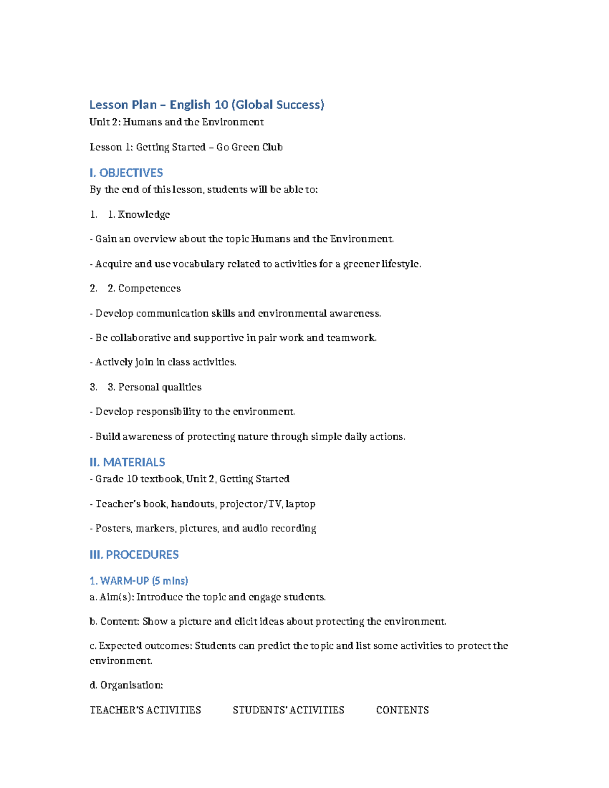 Lesson Plan: English 10 (Global Success) Unit 2 - Go Green Club - Studocu