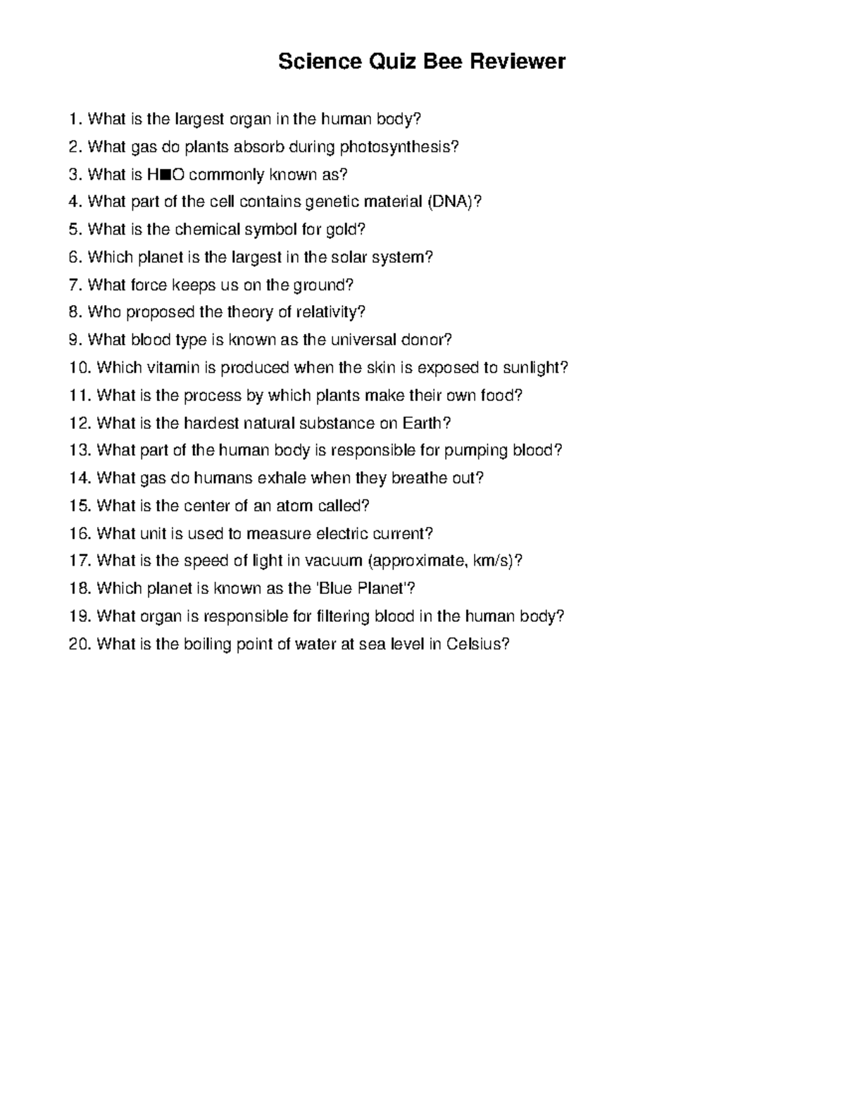 Science Quiz Bee Reviewer: Key Concepts & Questions - Studocu