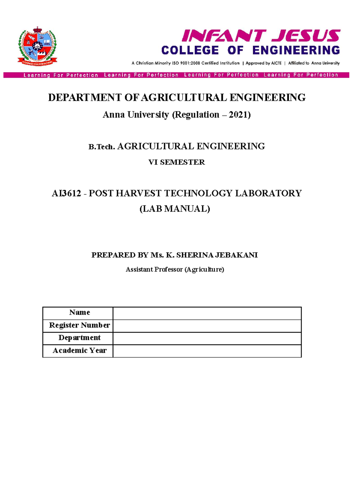 AI3612 Post Harvest Technology Laboratory - Lab Manual - Studocu