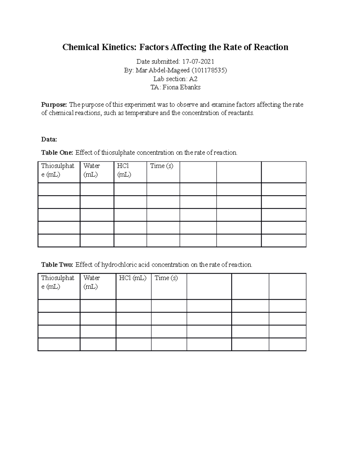 chem 1002 Kinetics Pre-Lab: Factors Impacting Reaction Rates - Studocu