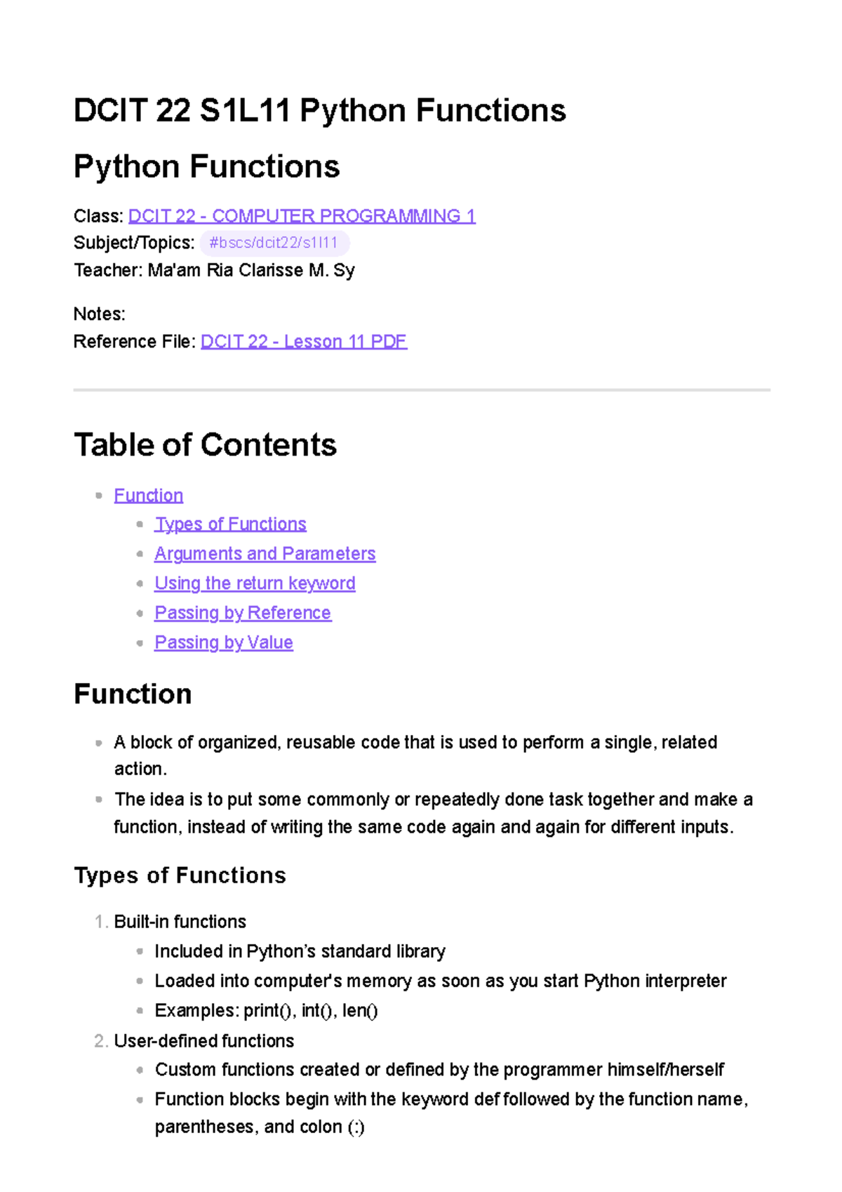 DCIT 22 S1L11 Comprehensive Guide to Python Functions - Studocu