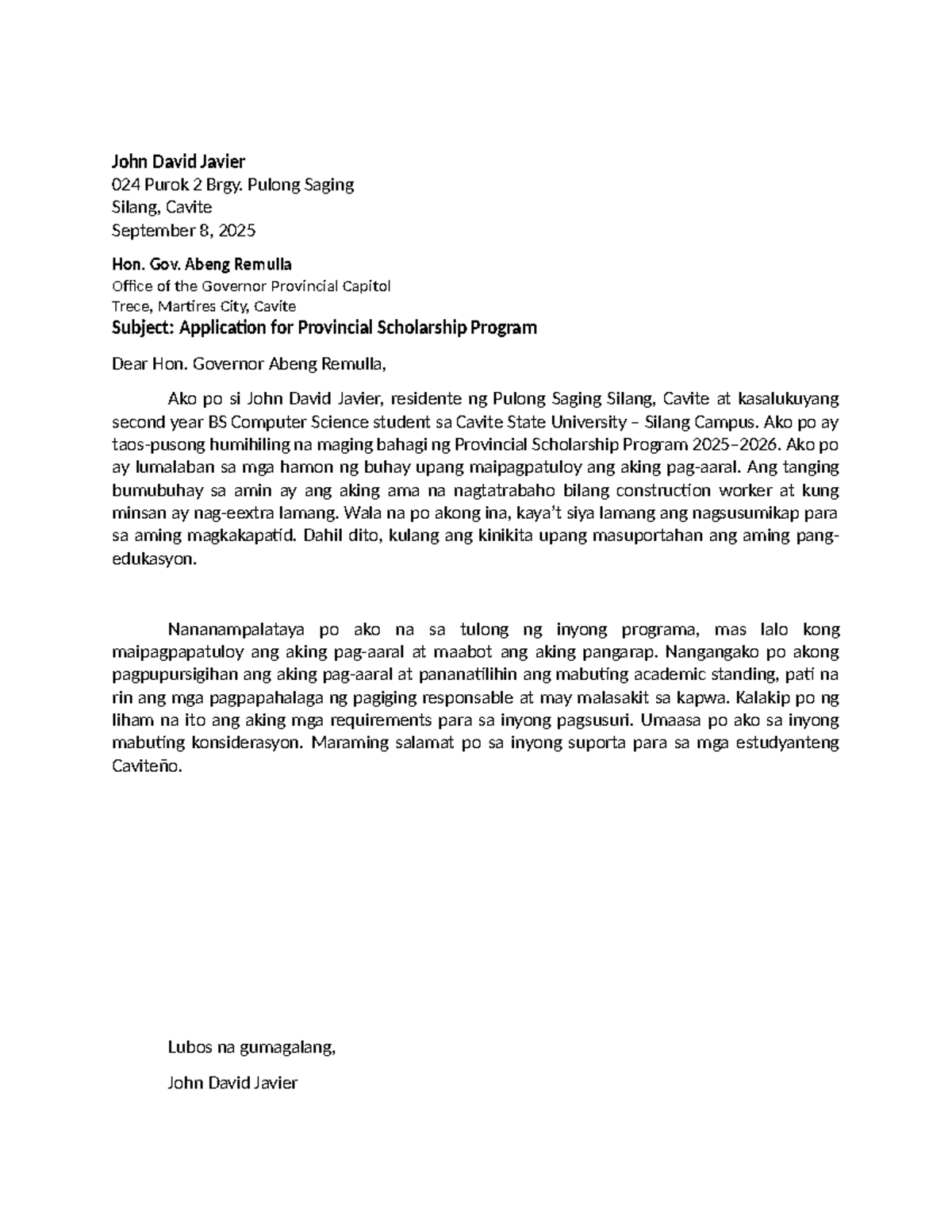 Application for Provincial Scholarship Program - John David Javier ...