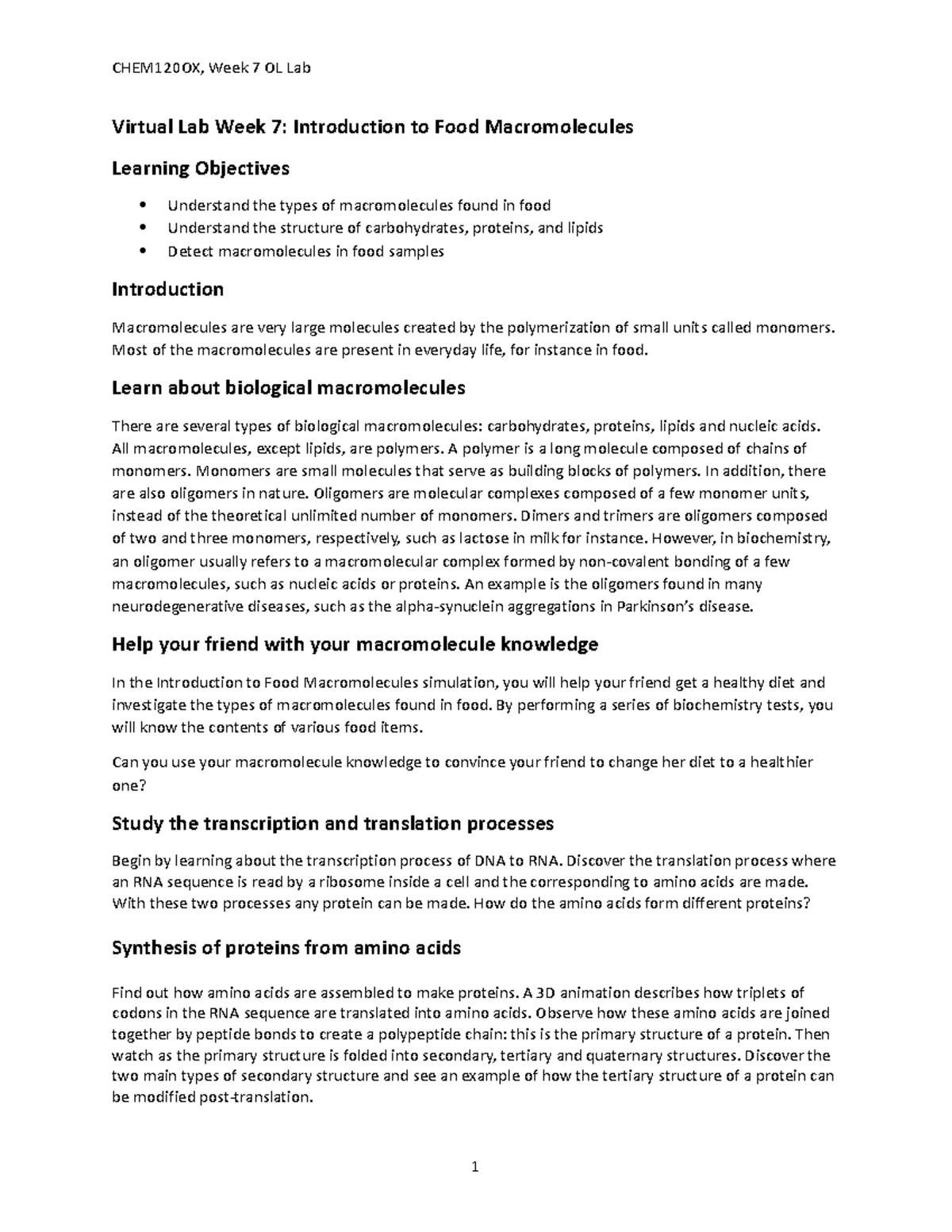 Week 7 Lab-Introduction to Food Macromolecules and Protein Synthesis - Virtual Lab Week 7: - Studocu