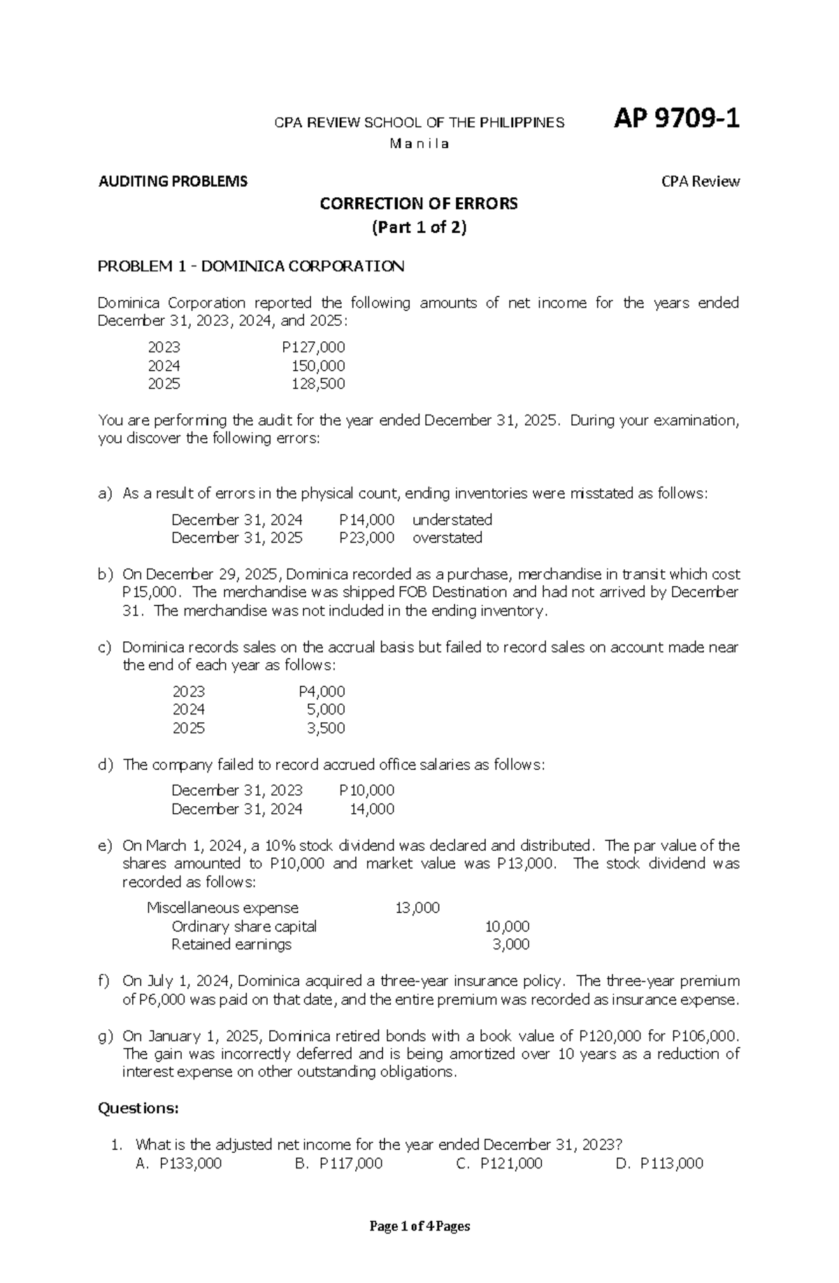 AP 9709-1 Auditing Problems: Correction of Errors (Part 1 of 2) - Studocu