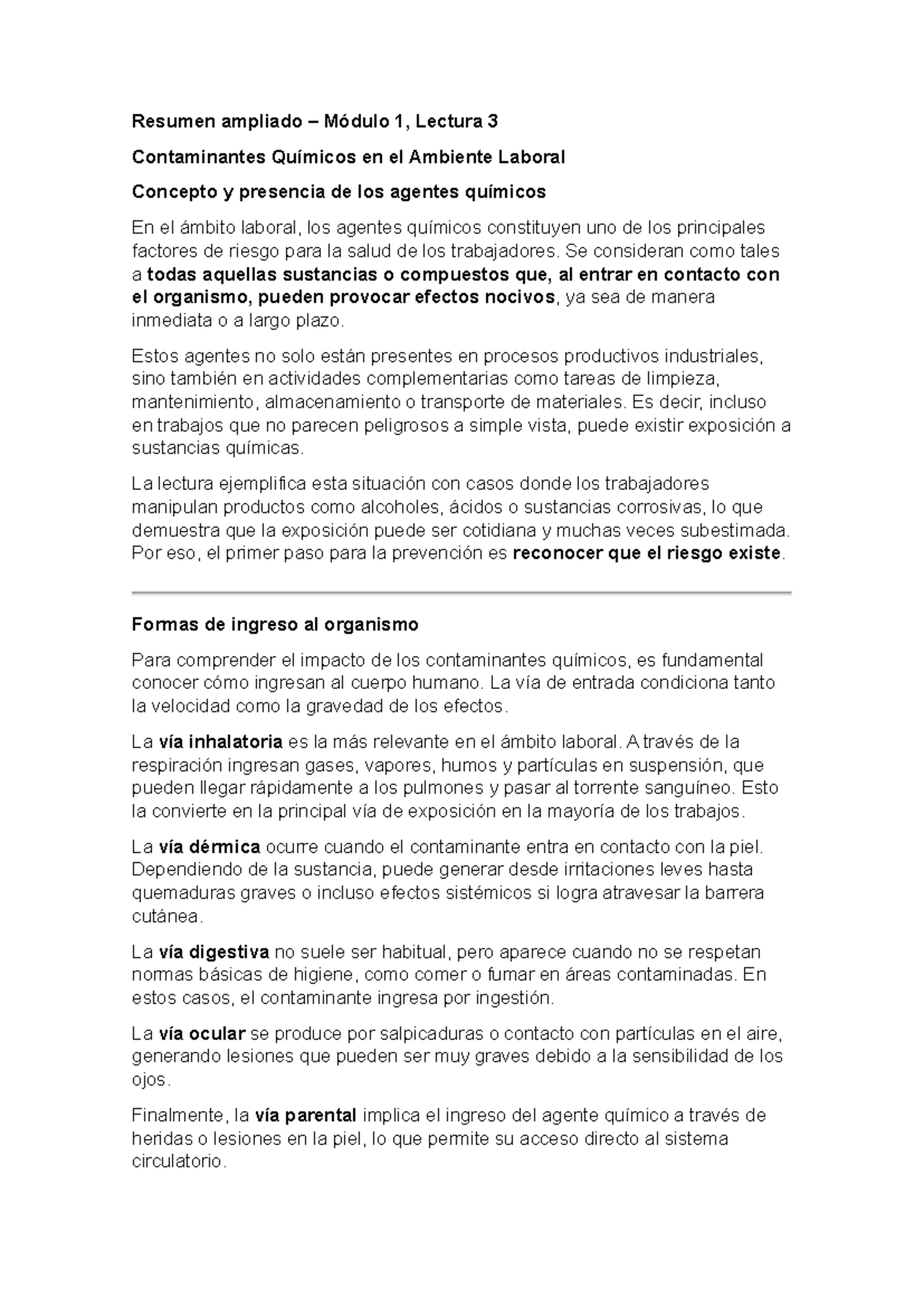 Resumen Ampliado Módulo 1: Lectura 3 sobre Contaminantes Químicos en el ...