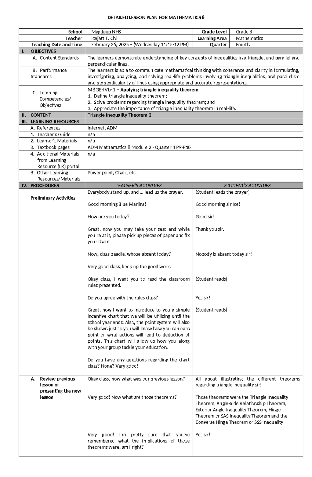 DLP Q4 W2 D1 Triangle Inequality Theorem - DETAILED LESSON PLAN FOR ...