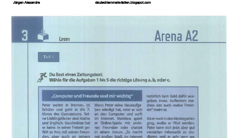 Arena A2 Lesen 3: Test 3 und Aufgabenlösungen - Studocu