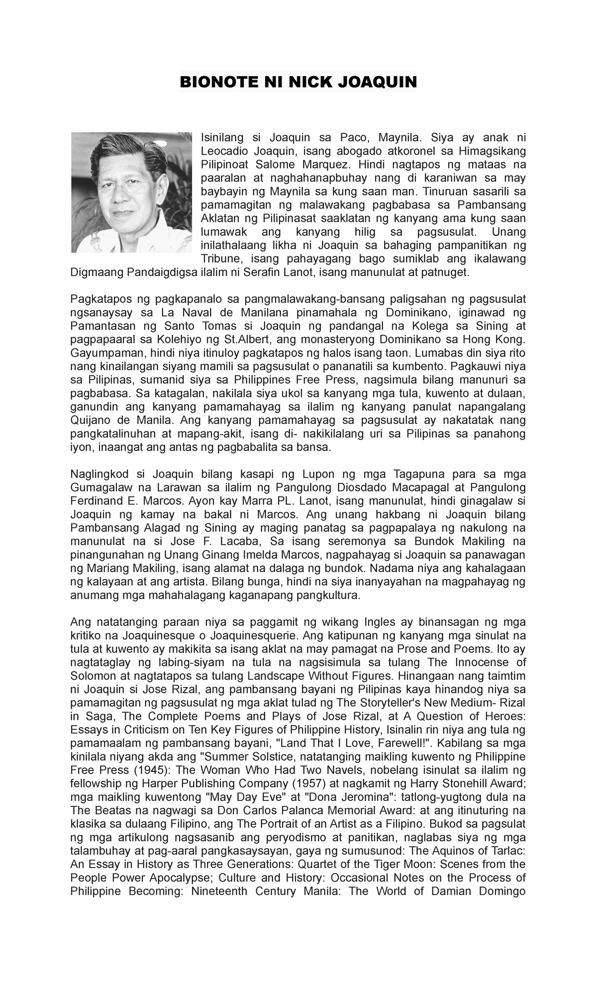 Bionote ni Nick Joaquin: Isang Pagsusuri at Kasaysayan - Studocu