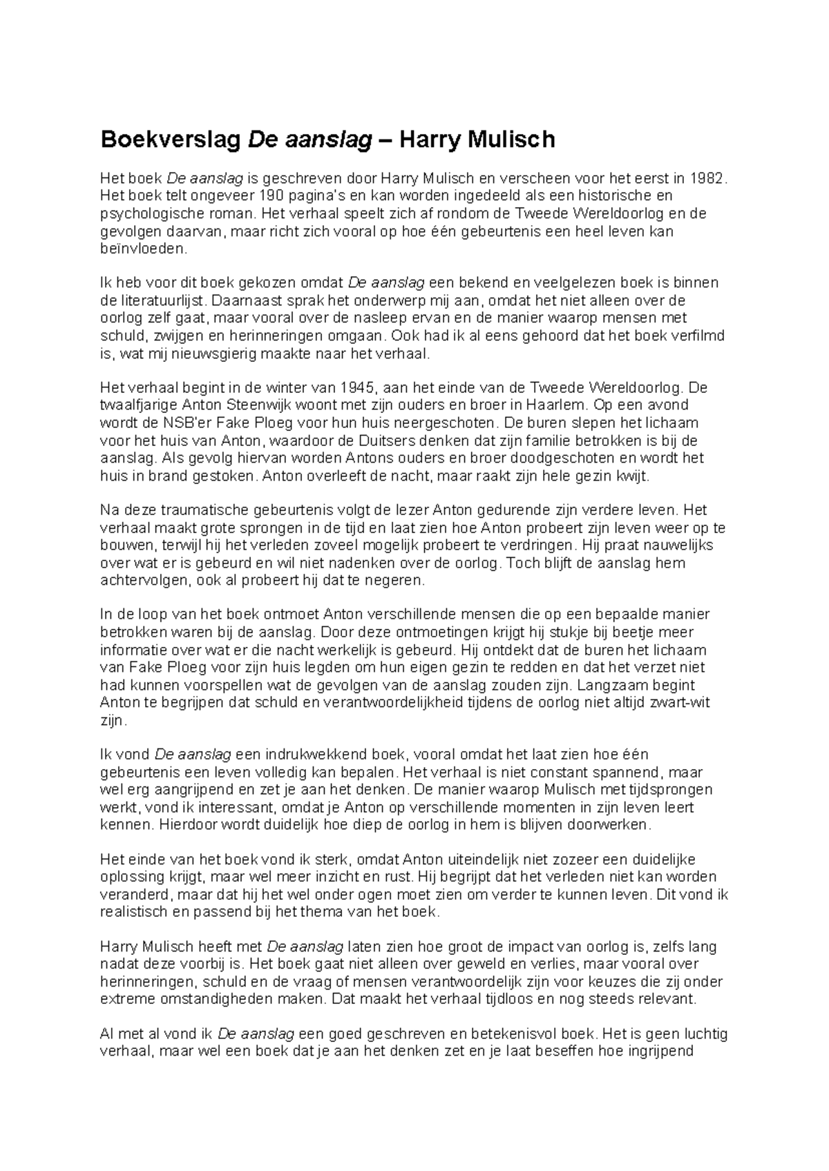 Boekverslag: De Aanslag van Harry Mulisch - Analyse en Reflectie - Studeersnel