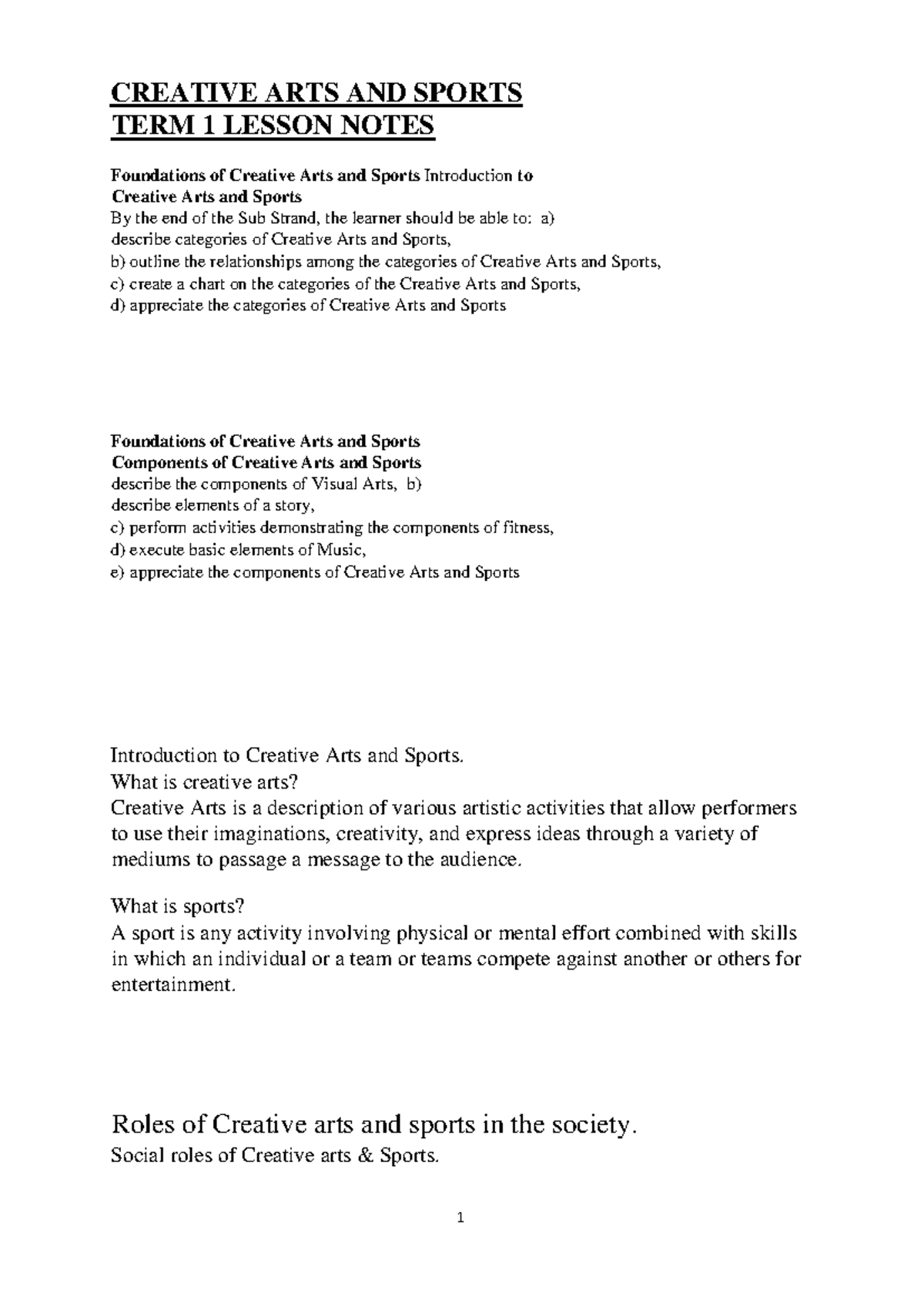 CREATIVE ARTS AND SPORTS GRADE 7 TERM 1 LESSON NOTES - Studocu