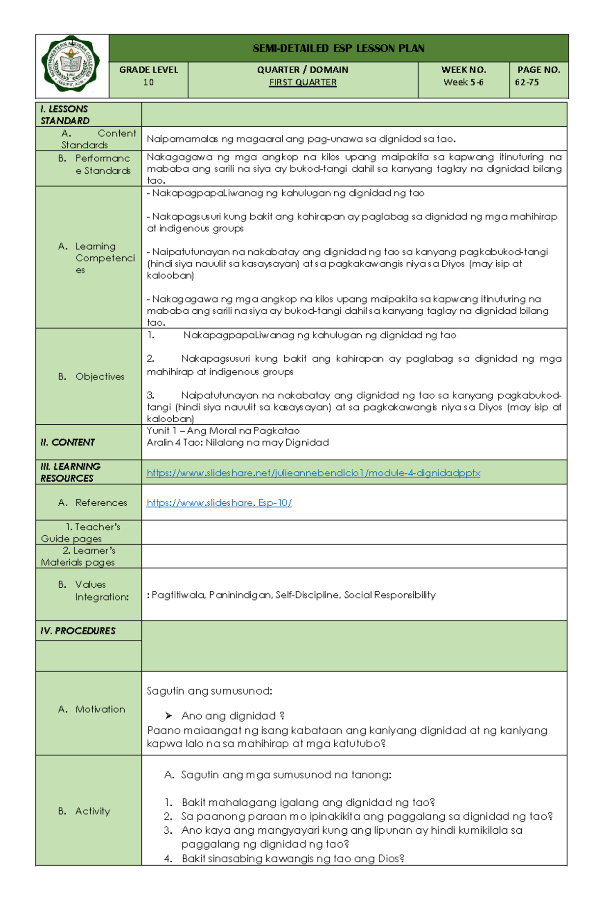 ESP 10 Lesson Plan: Dignity & Human Rights (Weeks 7-8) - Studocu