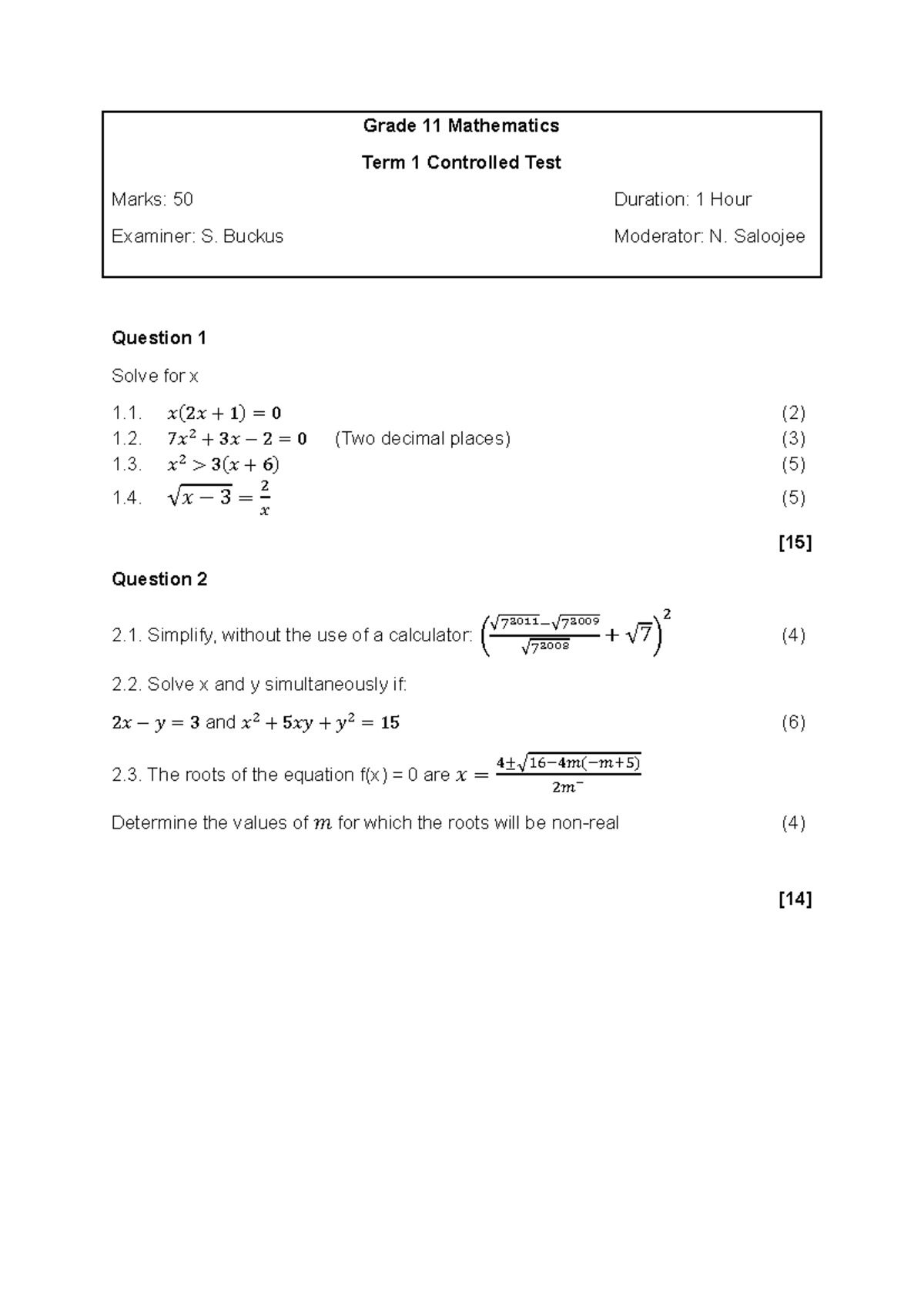 Grade 11 Mathematics - Term 1 Controlled Test & Memo - Studocu