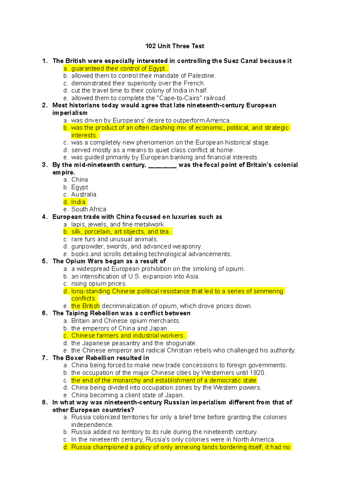 Unit 3 Test: Assessing Imperialism and Global Conflicts - Studocu