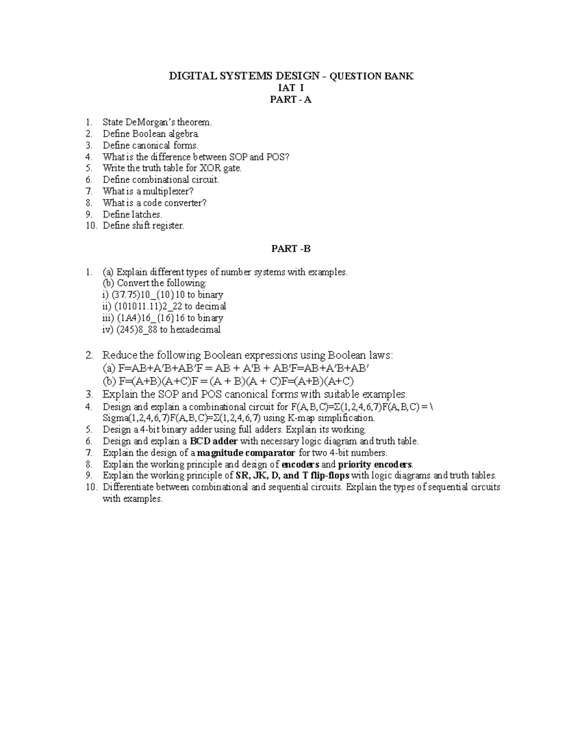 Digital Systems Design Question Bank IAT I & II - Studocu