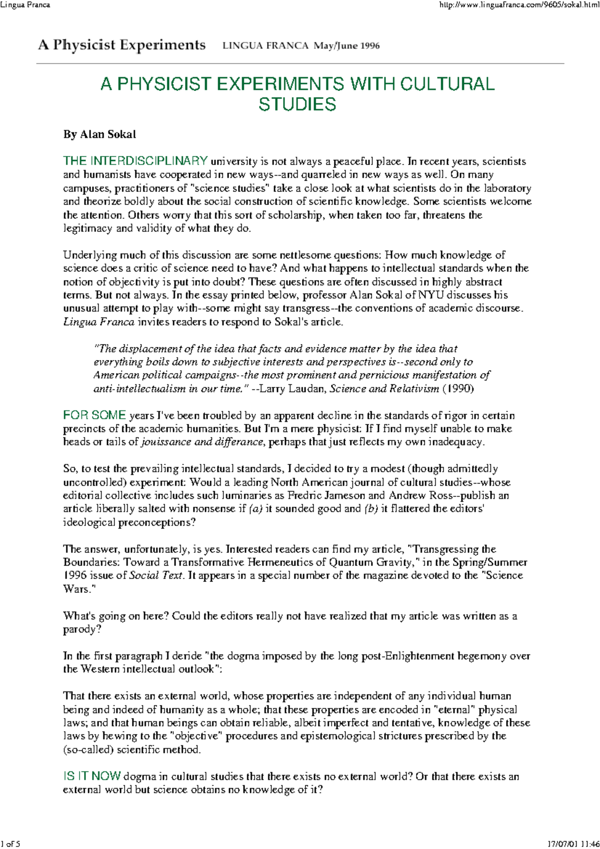 Sokal's 1996 Lingua Franca Experiment: A Critique of Cultural Studies ...