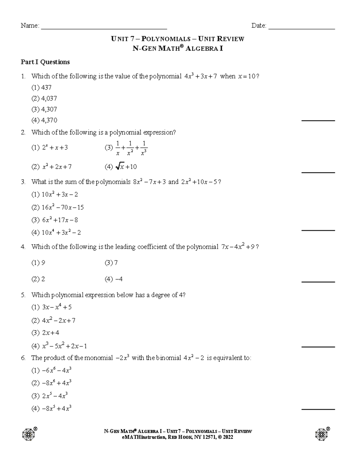 N-GEN MATH® ALGEBRA I: UNIT 7 POLYNOMIALS REVIEW QUESTIONS - Studocu