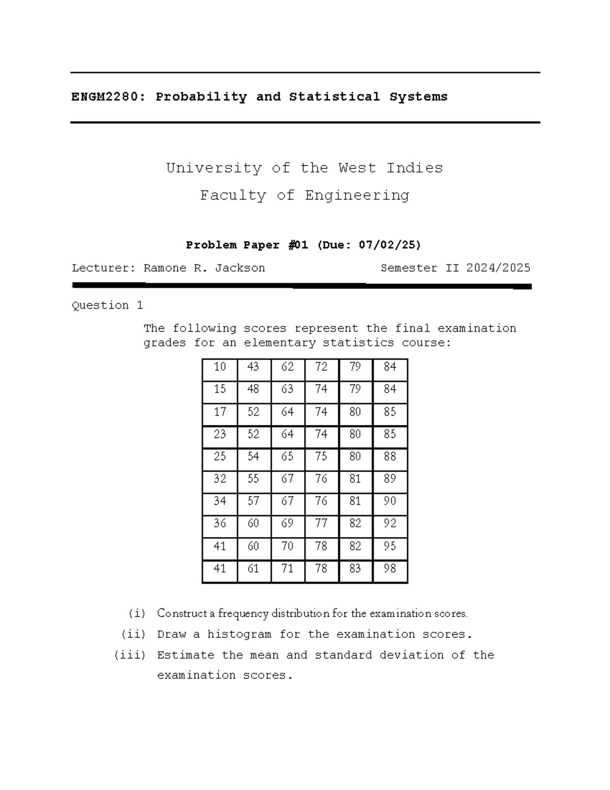 ENGM2280: Final Exam Problem Paper on Probability & Statistics - Studocu