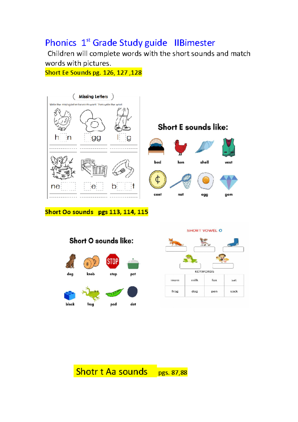 1st Grade Phonics Study Guide II Bimester: Short & Long Vowels - Studocu