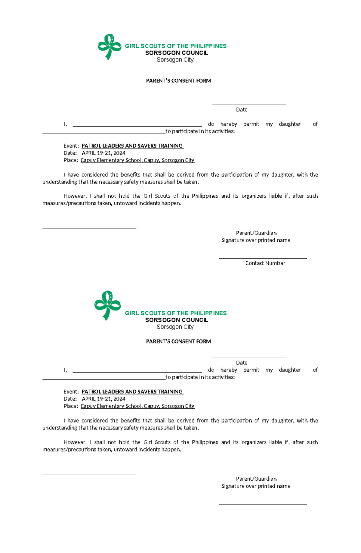 PLTC- Parents' Consent for Patrol Leaders Training Event - Studocu