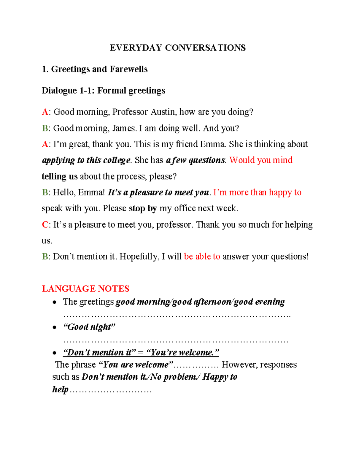 ENG 101: Everyday Conversations - Greetings and Farewells Guide - Studocu