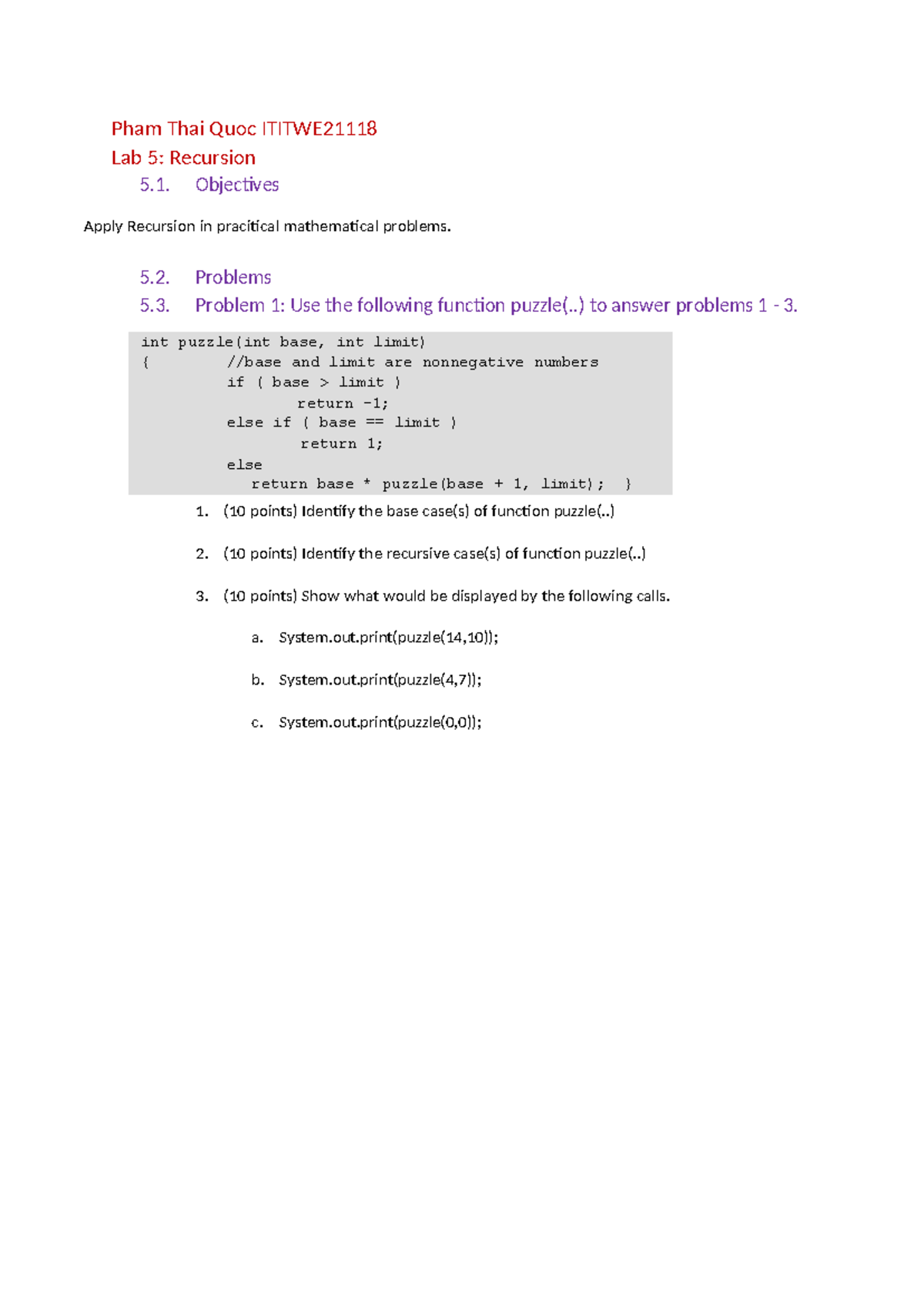 Ititiu 23007 NTGHung Lab 5: Practical Applications of Recursion - Studocu