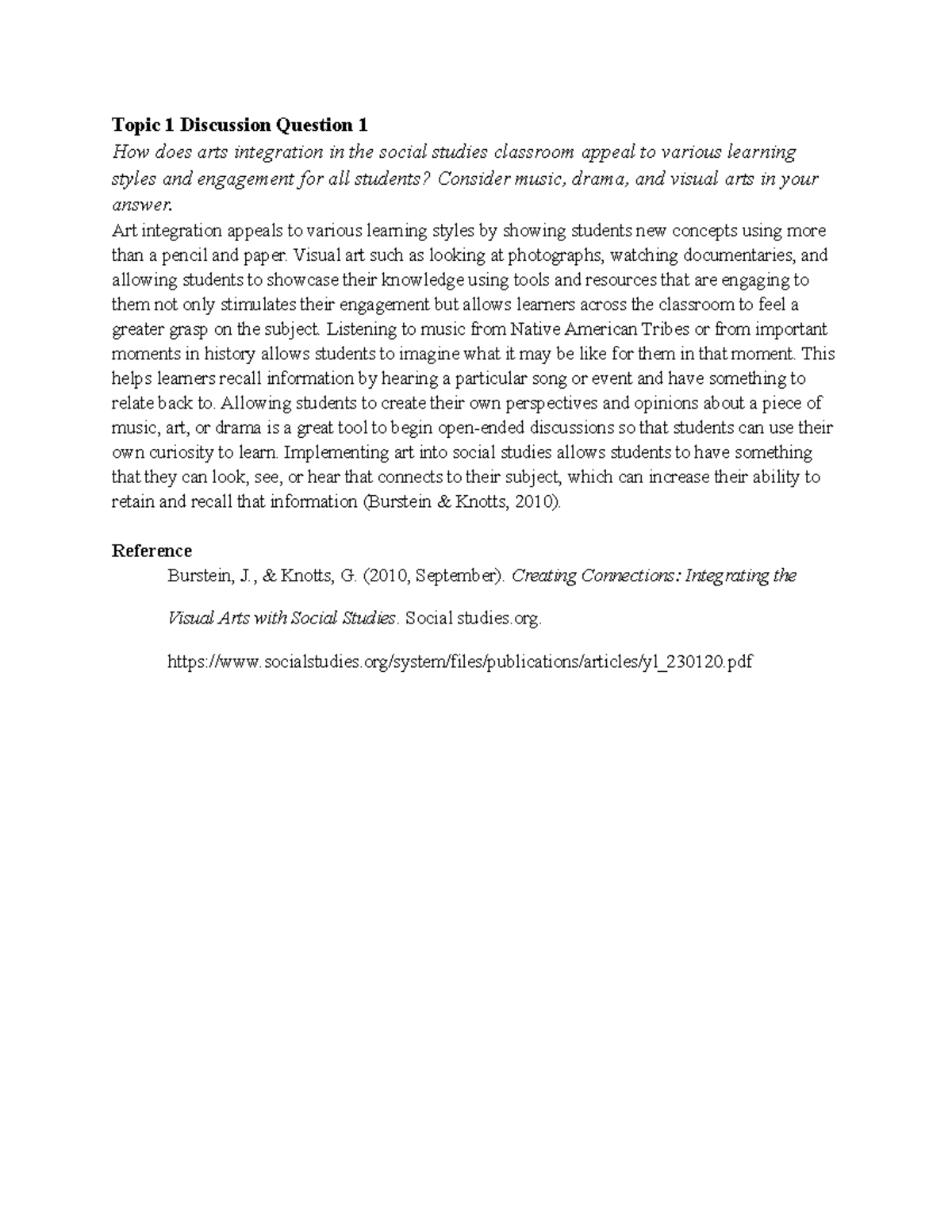 GCU ELM-351 Topic 1: Arts Integration in Social Studies Discussion ...