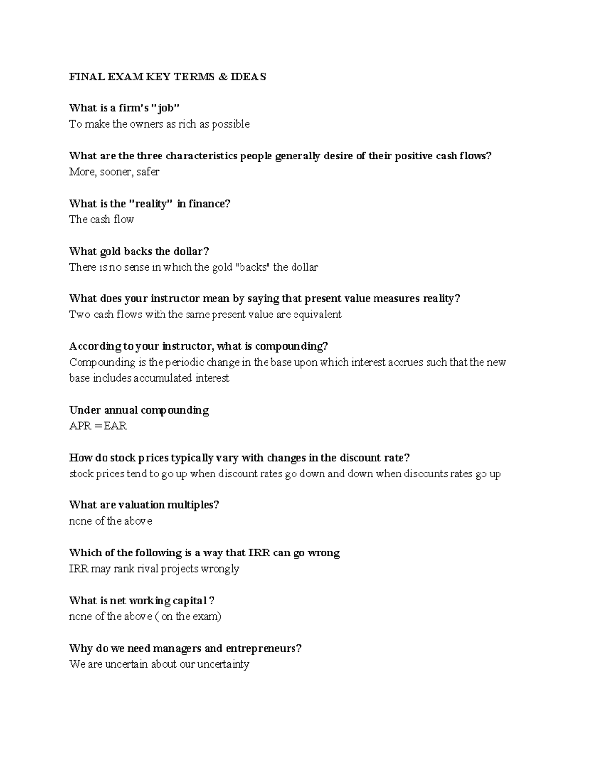 FIN 301 Final Exam Comprehensive Study Guide: Key Terms & Concepts ...