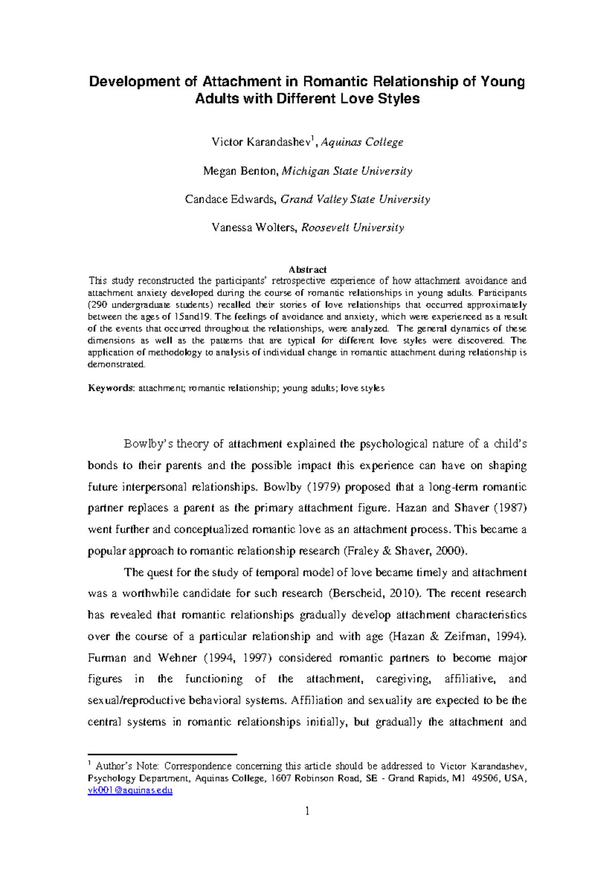 Development of Attachment in Young Adults' Romantic Relationships (PSY ...