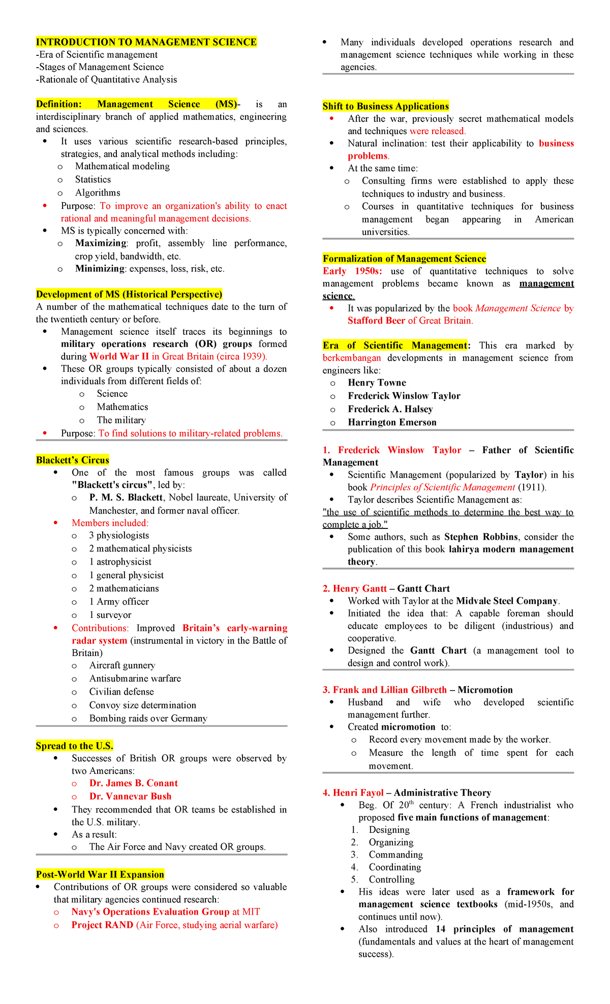 MGT 101: Introduction to Management Science and Quantitative Analysis - Studocu