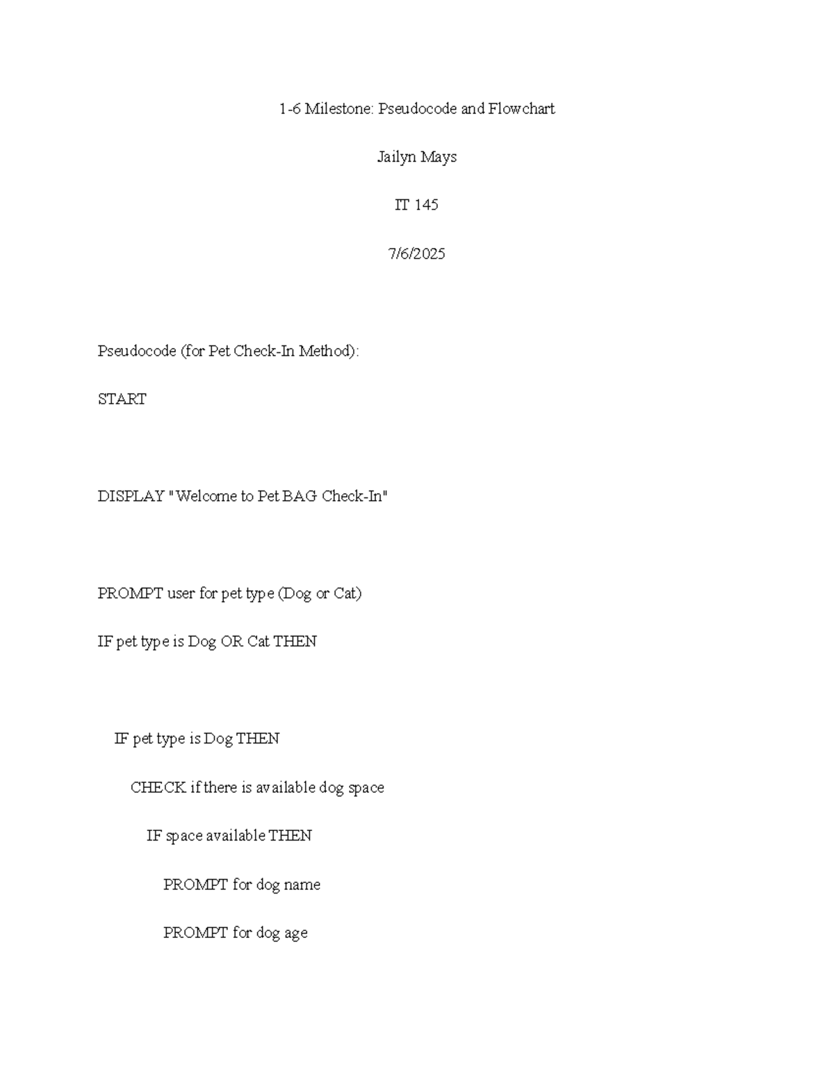 Milestone: Pseudocode & Flowchart for IT 145 - Studocu