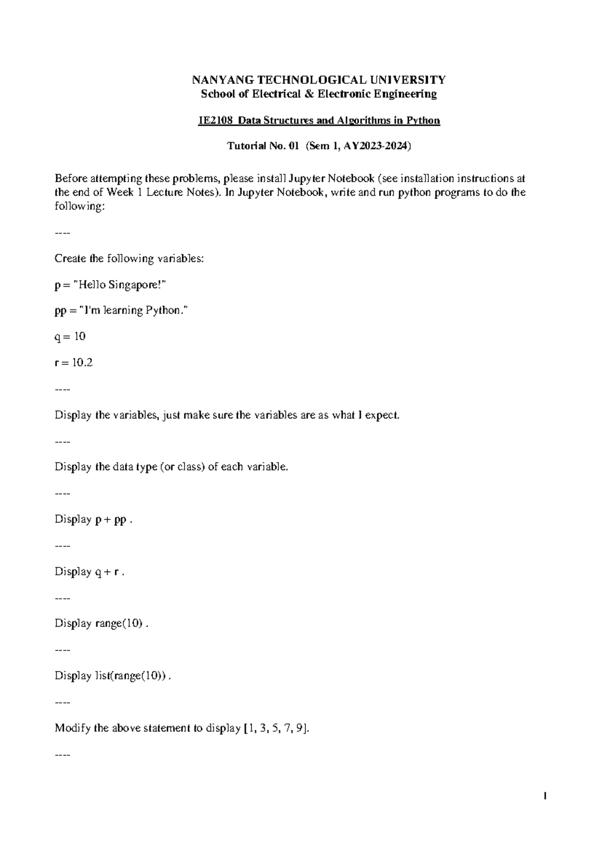 IE2108 Tutorial no 01 - nil - 1 NANYANG TECHNOLOGICAL UNIVERSITY School of Electrical & - Studocu