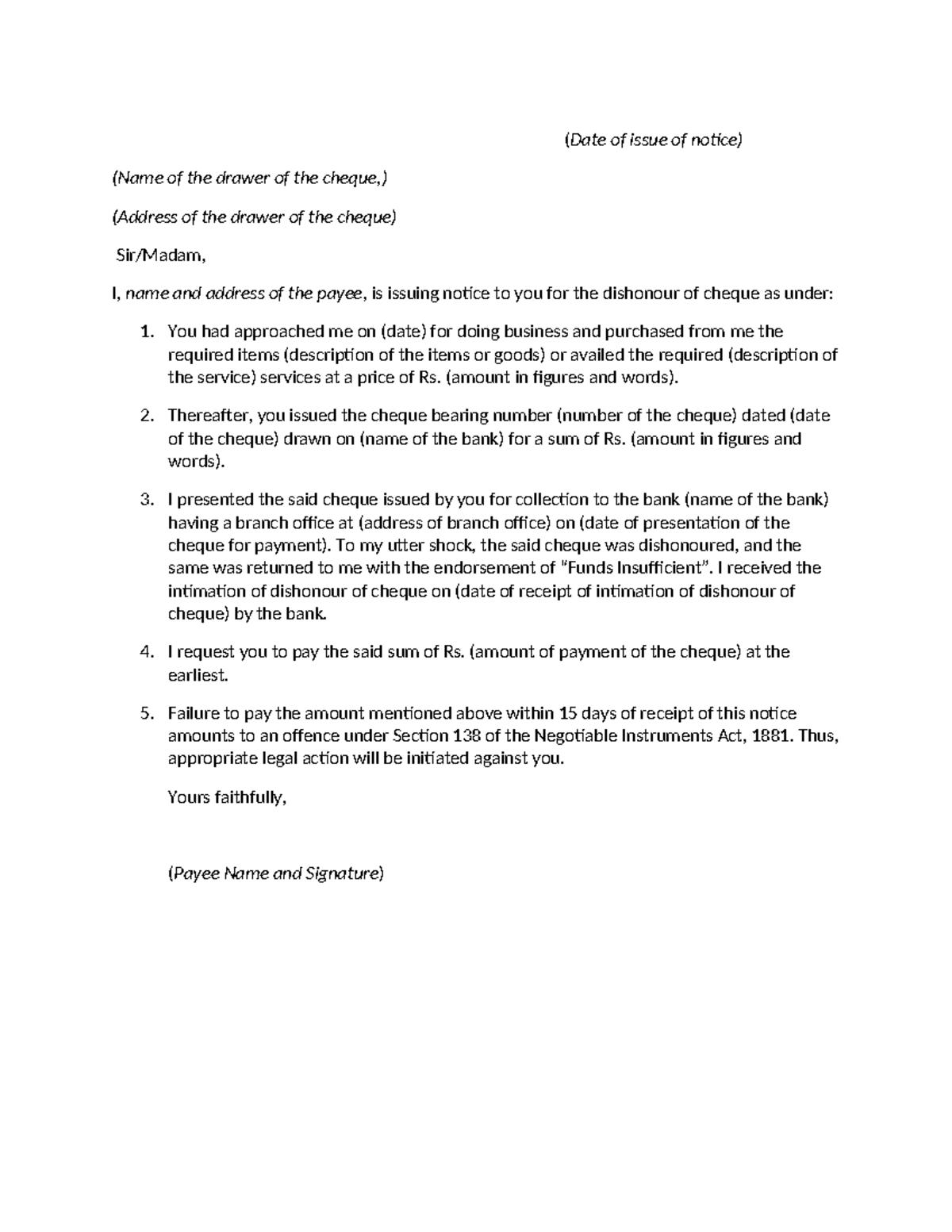 Cheque Bounce Notice Format - Legal Action Under Section 138 - Studocu