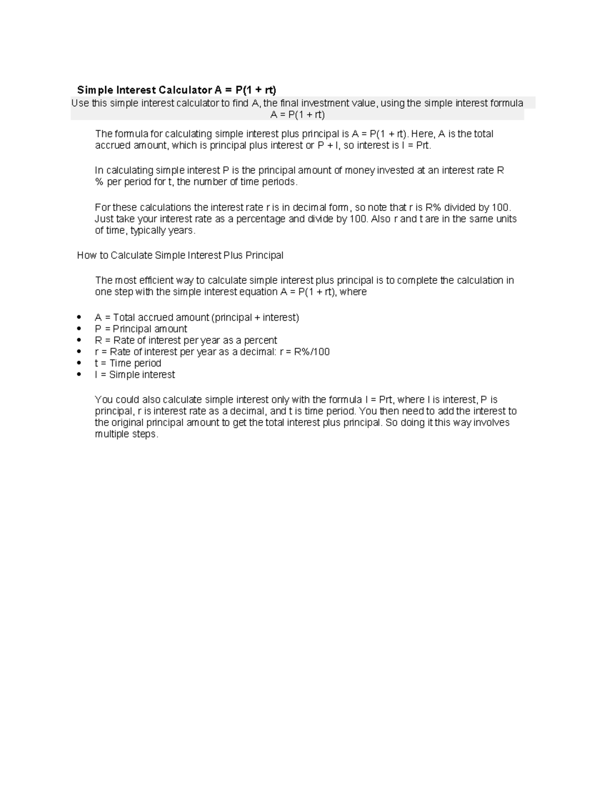 Simple Interest Calculator - Here, A is the total accrued amount, which ...